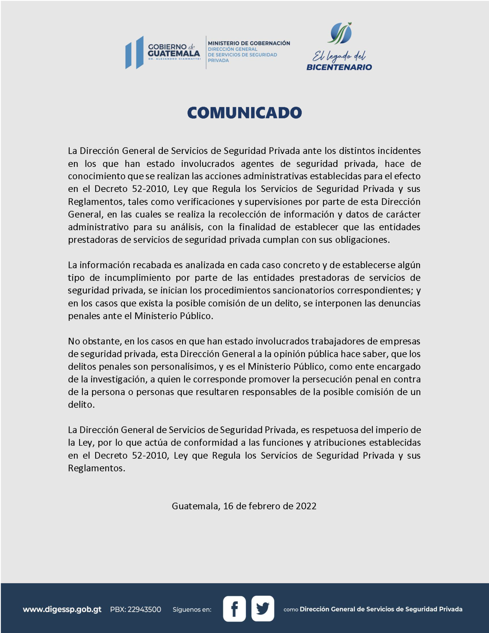 Comunicado | La Dirección General de Servicios de Seguridad Privada ...